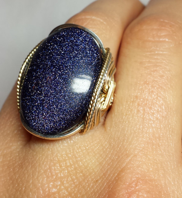 Midnight Blue Ring, Twinkling Goldstone, Mixed Metals, Sterling Silver ...