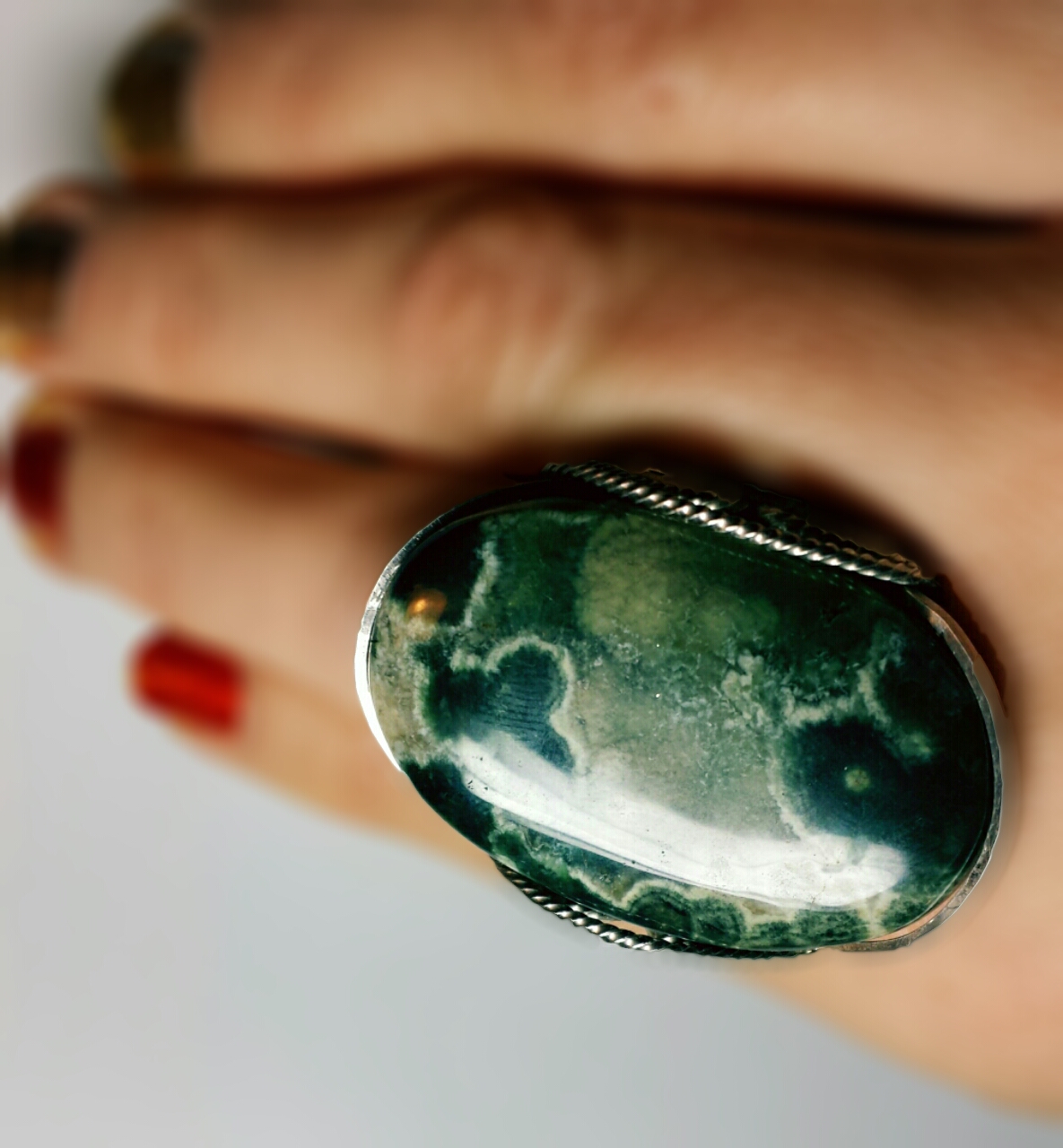 Ocean Jasper Ring Green Fossils Sterling Silver, Unique Handmade ...