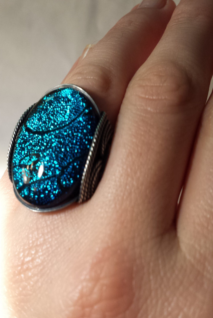 Big Blue Ring, Sparkling Ocean Water, Dichroic Glass Cocktail Ring ...