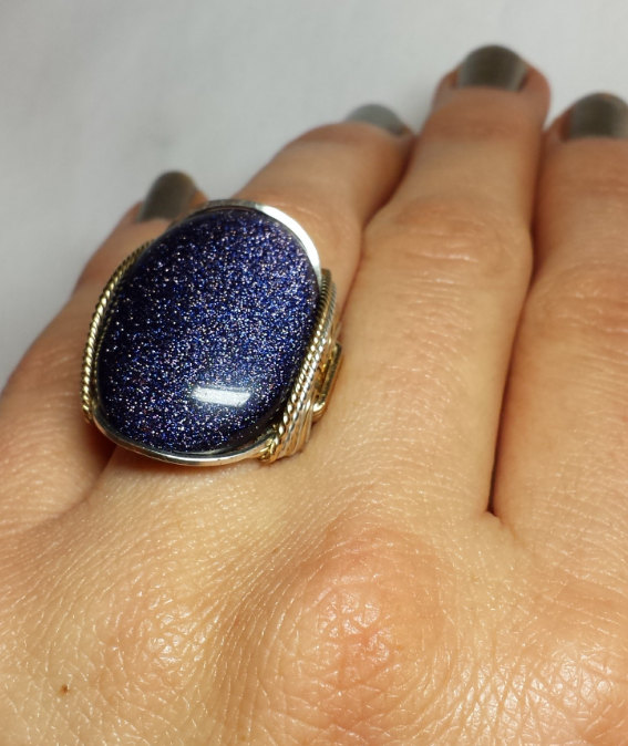 Midnight Blue Ring, Twinkling Goldstone, Mixed Metals, Sterling Silver ...