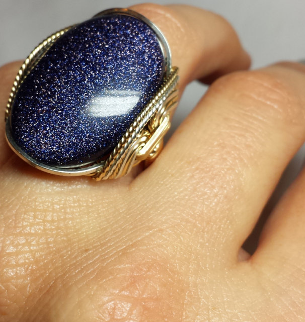 Midnight Blue Ring, Twinkling Goldstone, Mixed Metals, Sterling Silver ...