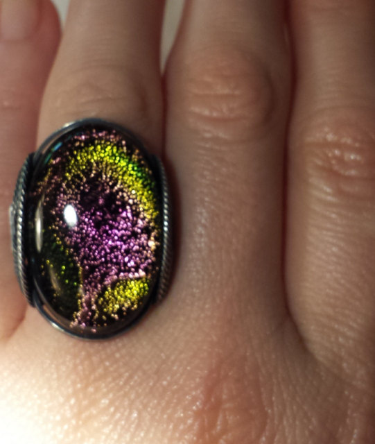 Hand Crafted Ring, Colorful Glass, Pink And Green, Bright Dichroic ...