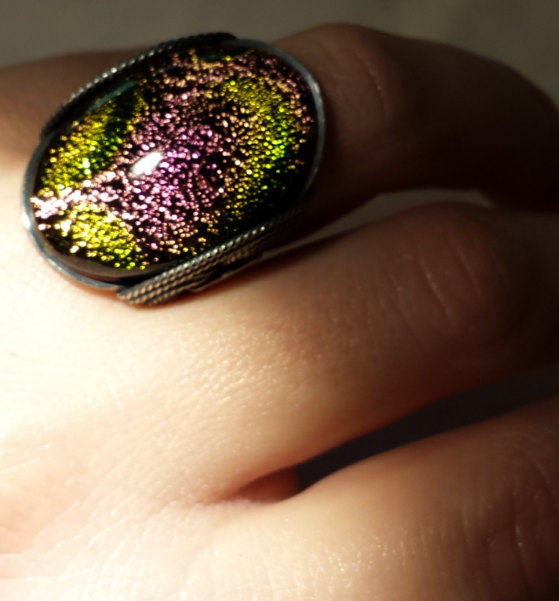 Hand Crafted Ring, Colorful Glass, Pink And Green, Bright Dichroic ...