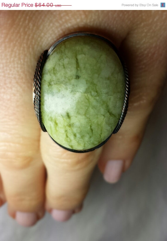 Chunky Stone Ring, Yellow Green Serpentine, Oxidized Copper, Any Size ...