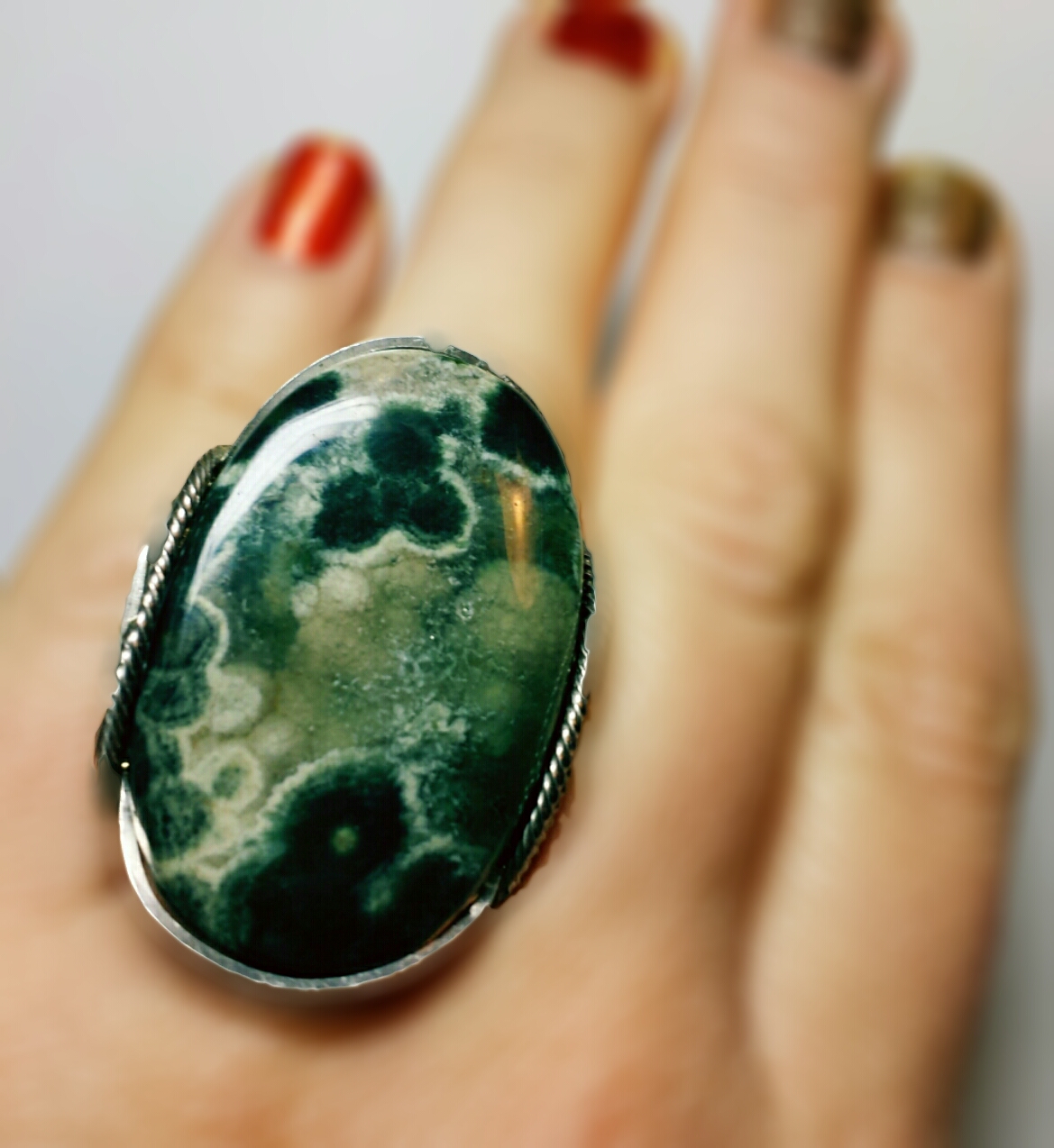 Ocean Jasper Ring Green Fossils Sterling Silver, Unique Handmade ...