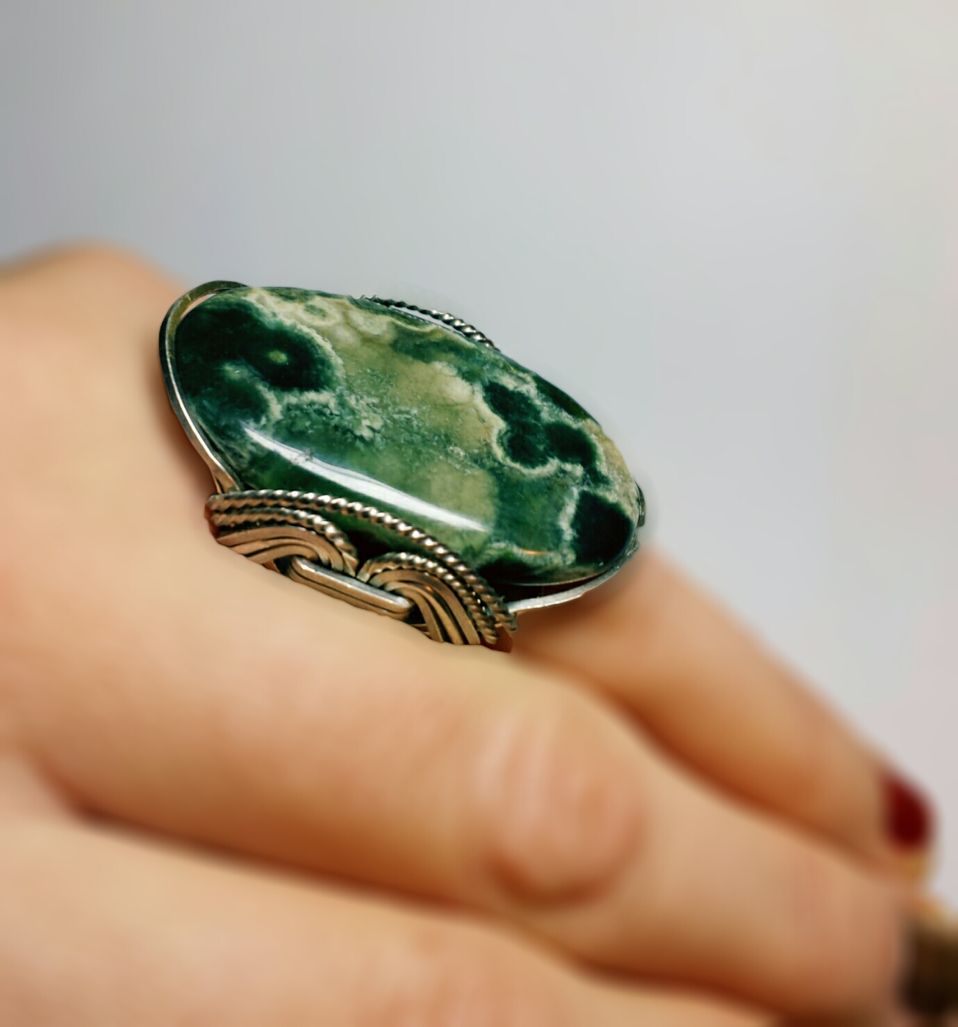Ocean Jasper Ring Green Fossils Sterling Silver, Unique Handmade ...