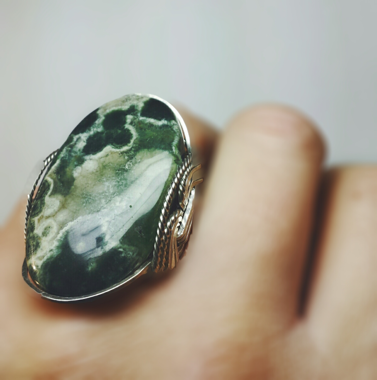 Ocean Jasper Ring Green Fossils Sterling Silver, Unique Handmade ...